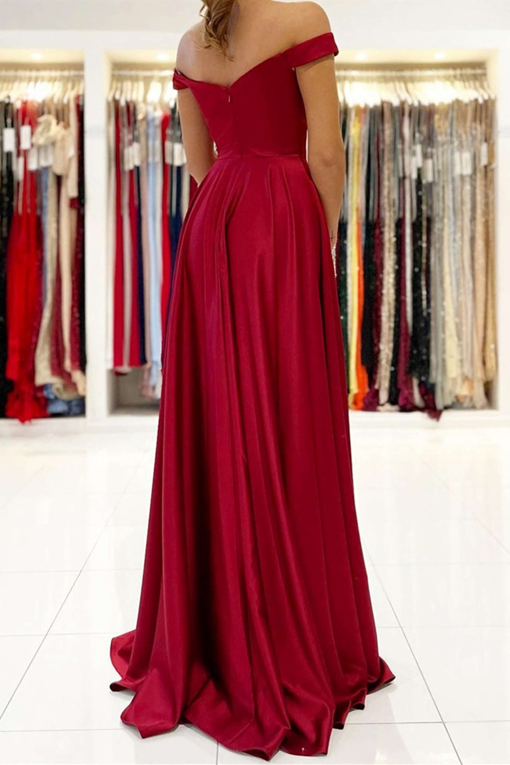Simple Off The Shoulder Burgundy Satin Long Prom Dress With Slit Off